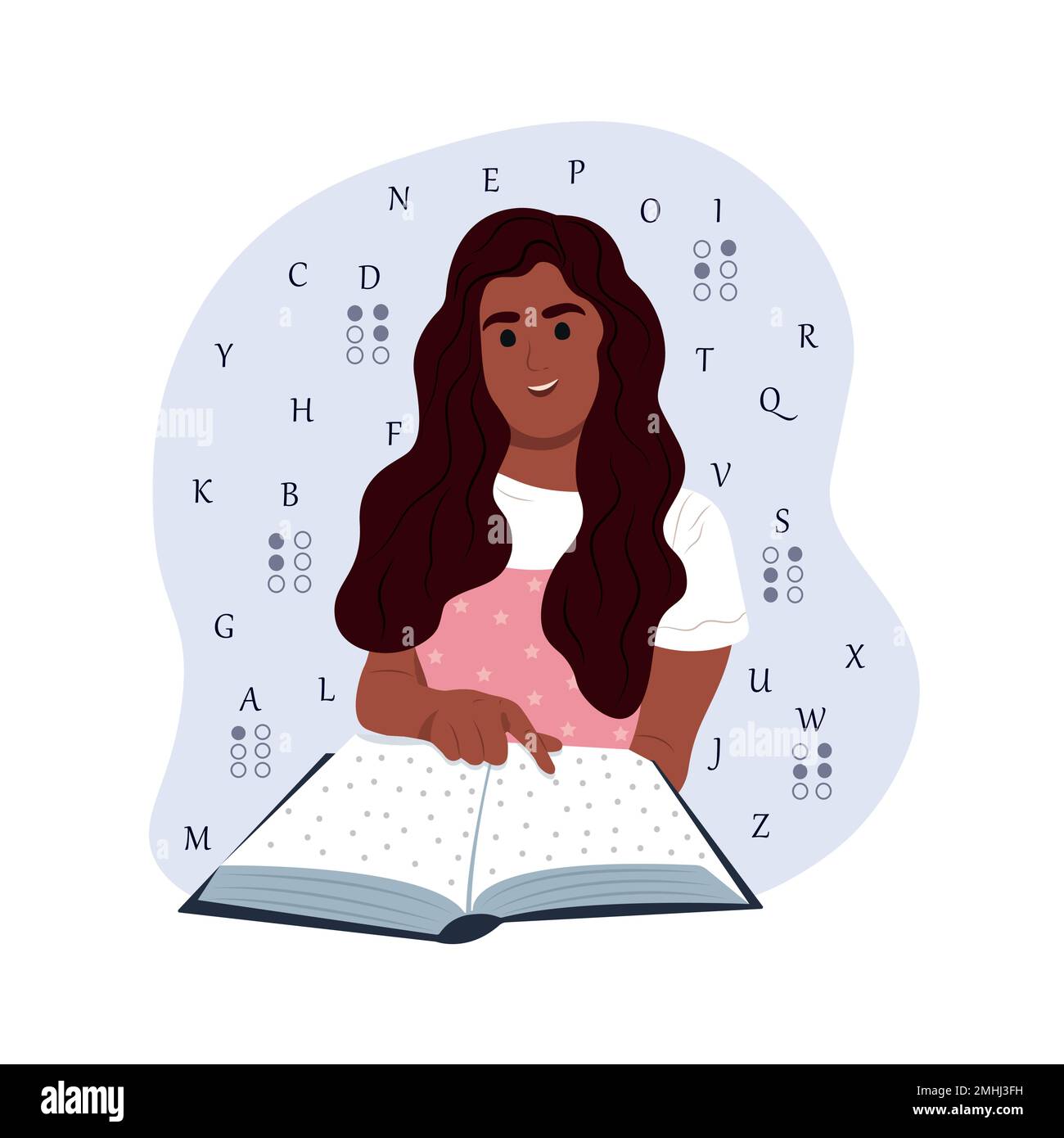 World Braille Day. Black smiling blind African American woman reading ...