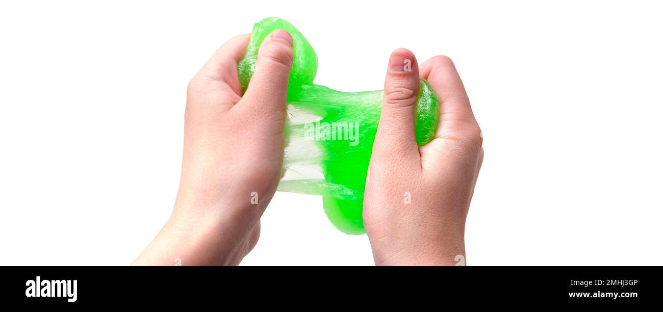 Hand Playing with textured slime on white background. Teen hand holding ...