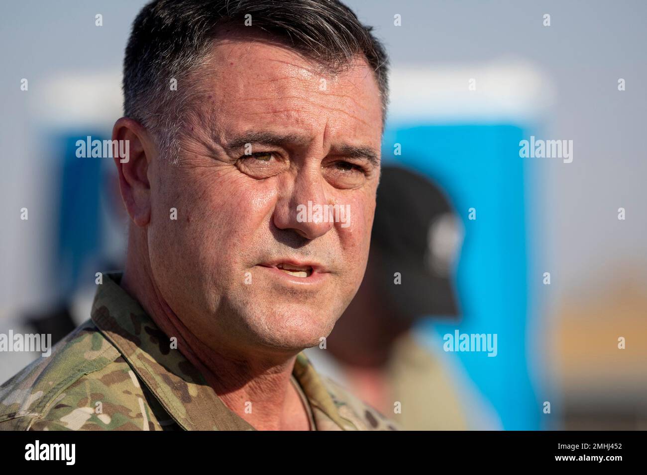 Air Force Maj. Gen. Eric T. Hill addresses the media at a U.S. military ...