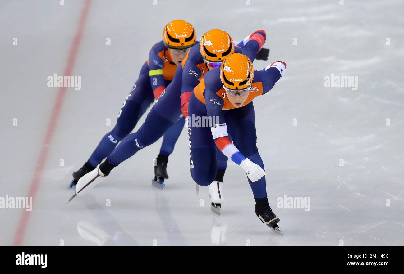 The Netherlands' skaters compete during the women's team sprint race of ...