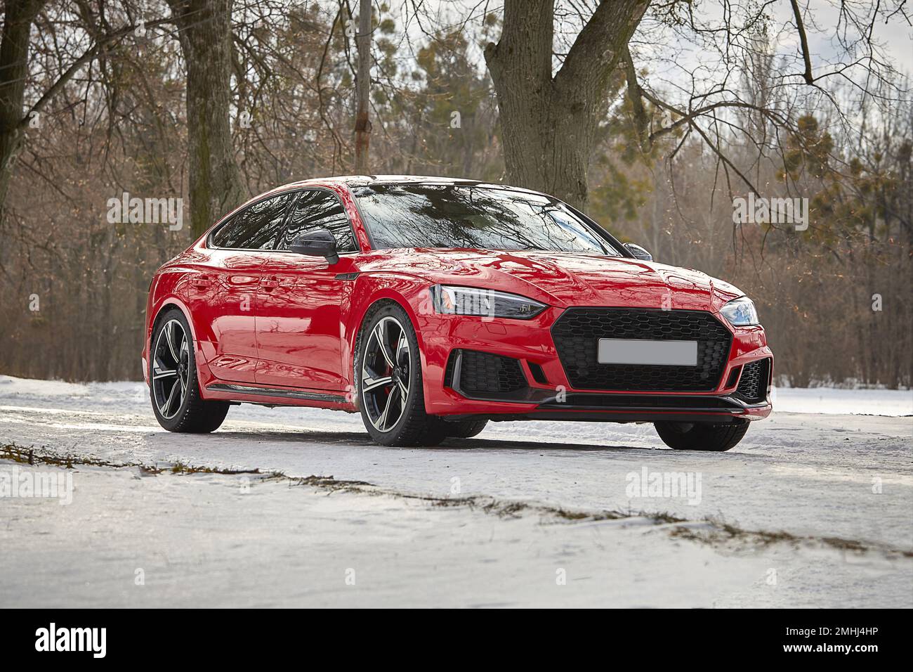 Modern red car in the winter forest background, car wallpaper Stock ...