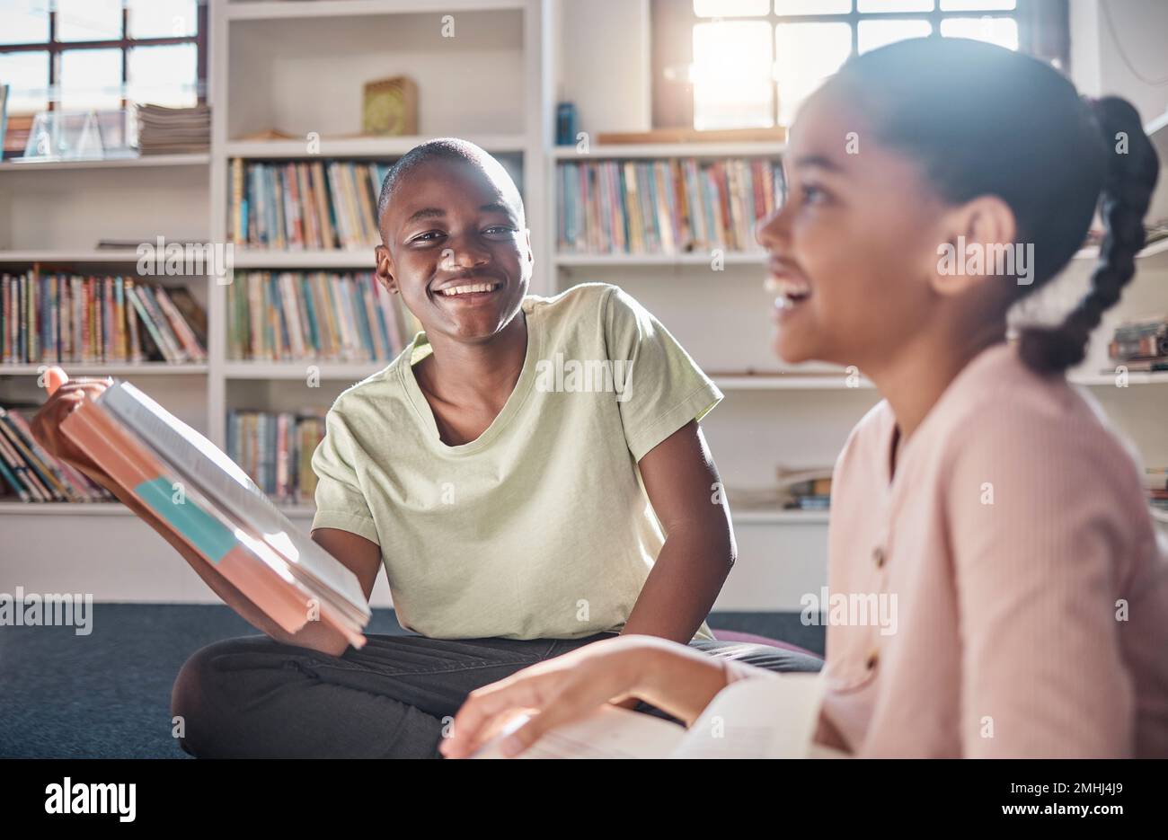 Reading books, african children or friends learning, education and ...
