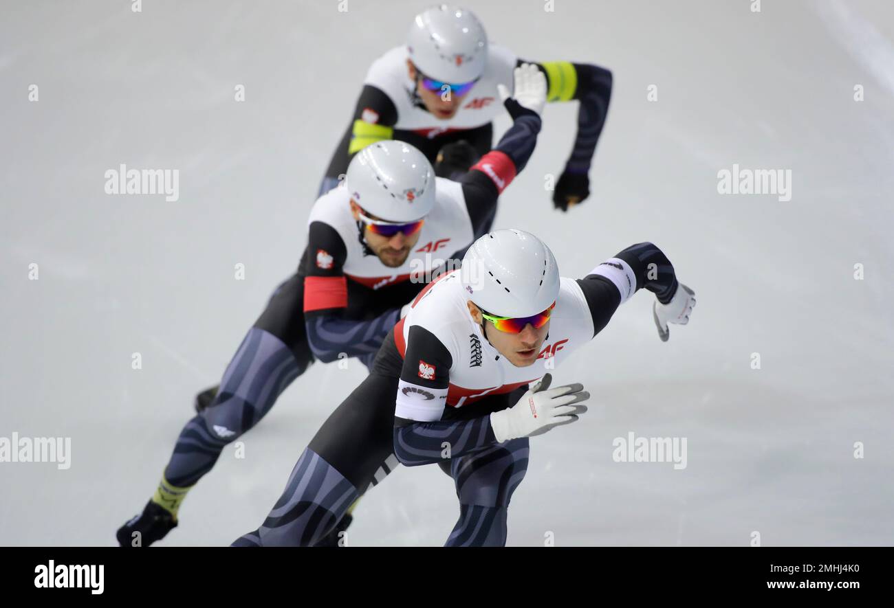 Poland's skaters compete during the men's team sprint race of the speed ...