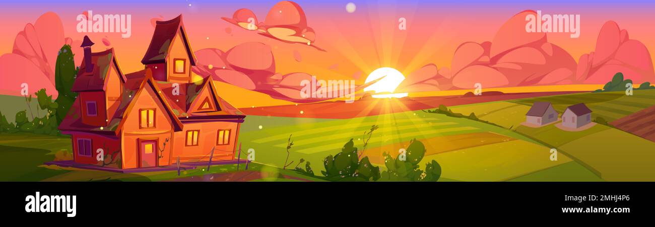 Morning summer countryside with house, farm buildings, green field ...