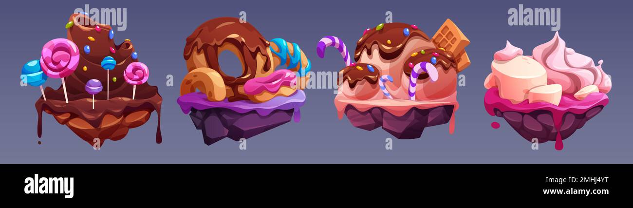 Flying islands of sweet land with candies, chocolate volcano, cake, ice ...