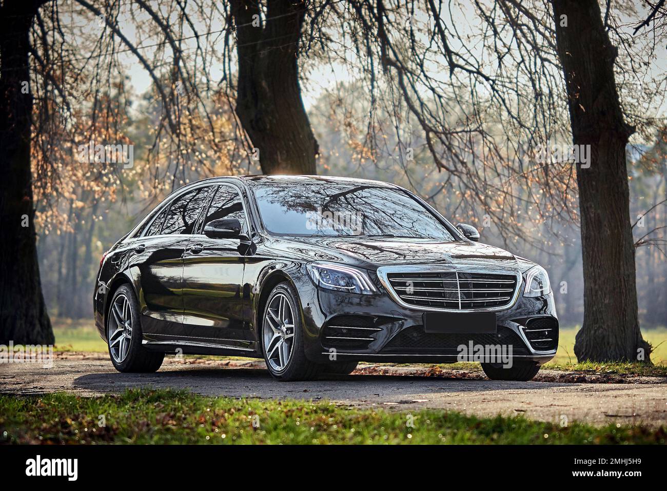 Modern car driving through the woods background, luxury city car ...