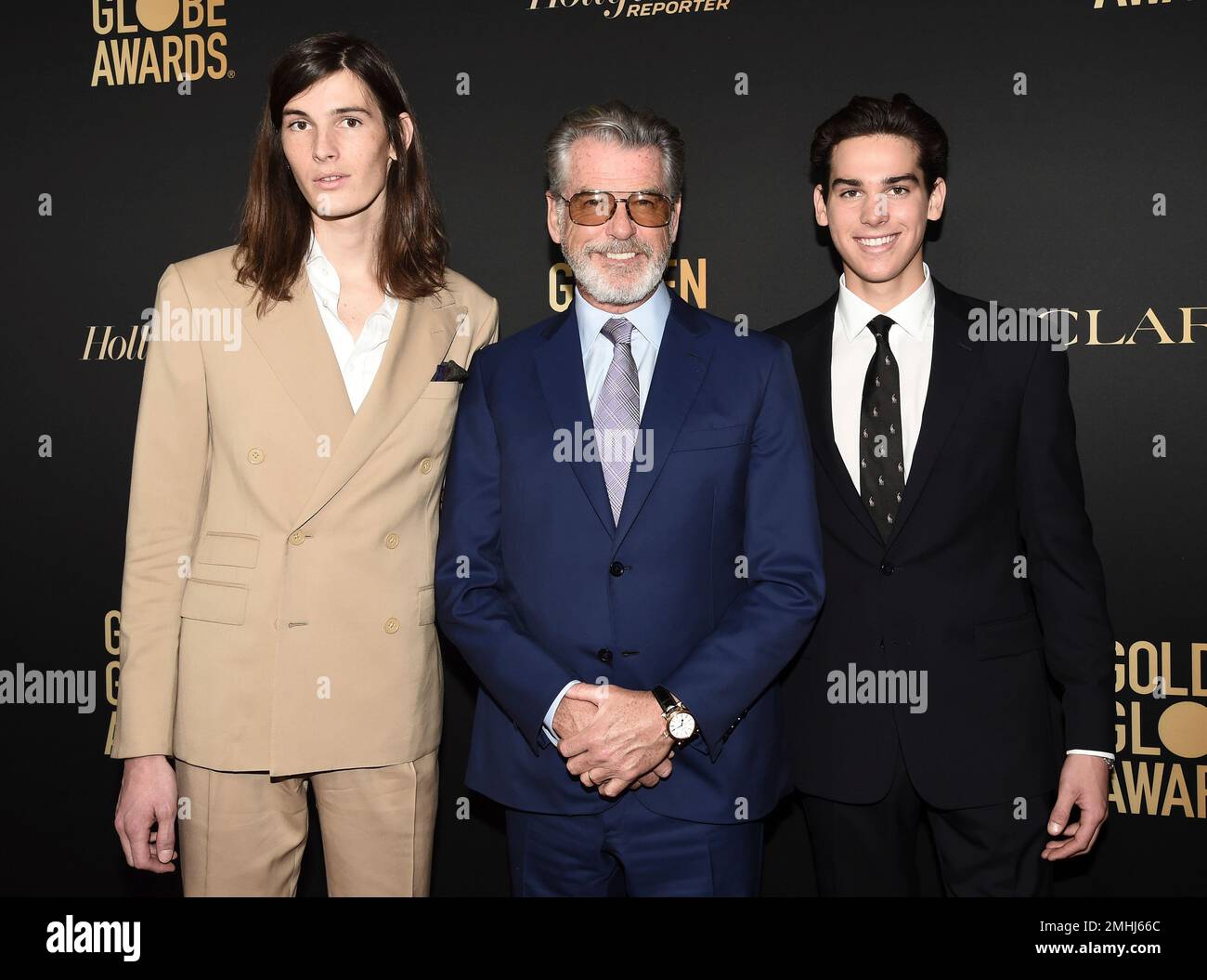 Dylan Brosnan, from left, Pierce Brosnan, and Paris Brosnan arrive at the Hollywood Foreign ...