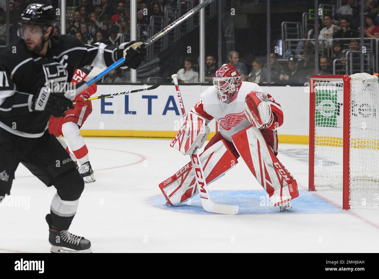 Detroit Red Wings goalie Jonathan Bernier defends the net during the ...