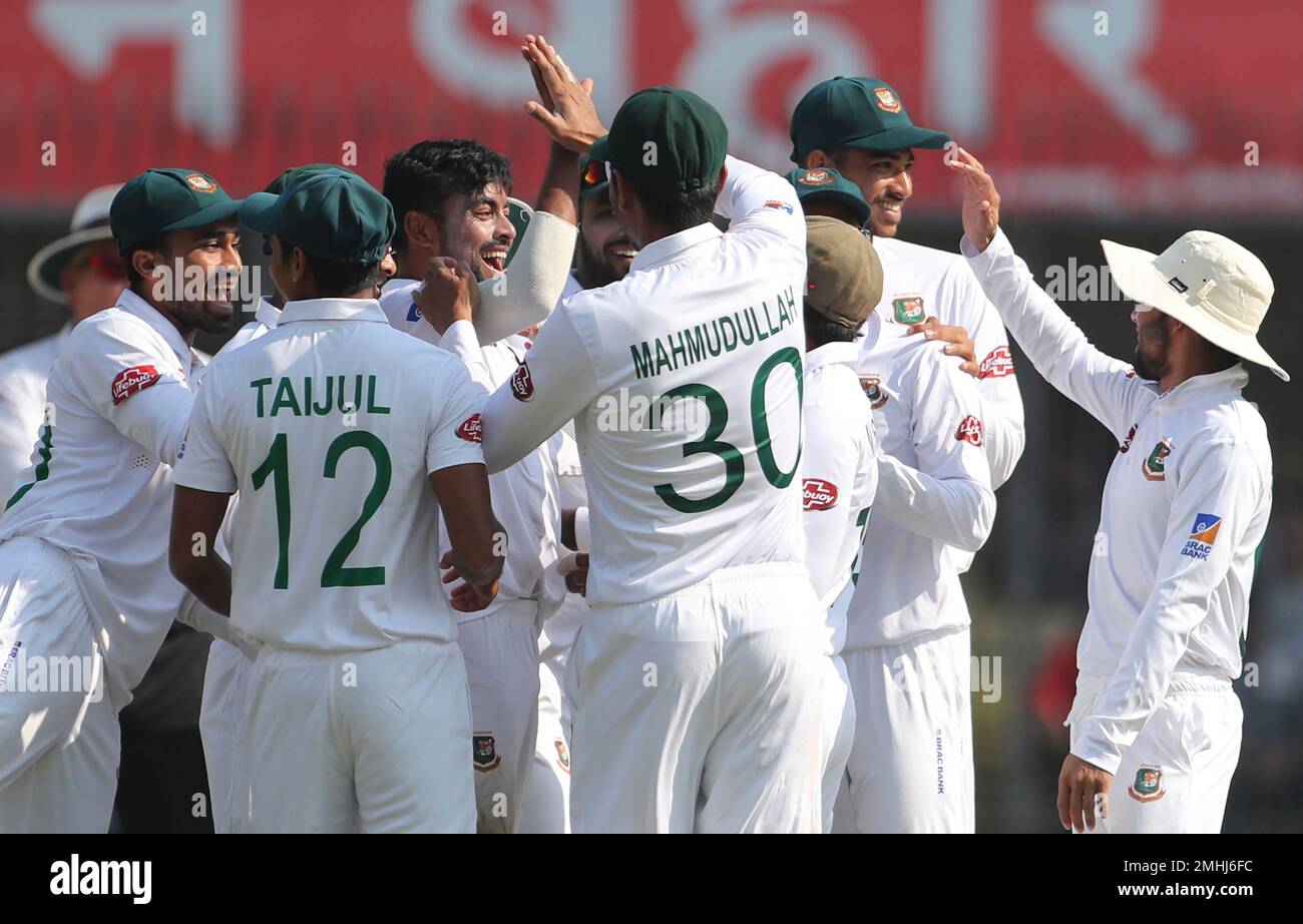Bangladesh's Abu Jayed, center without cap, celebrates the dismissal of ...