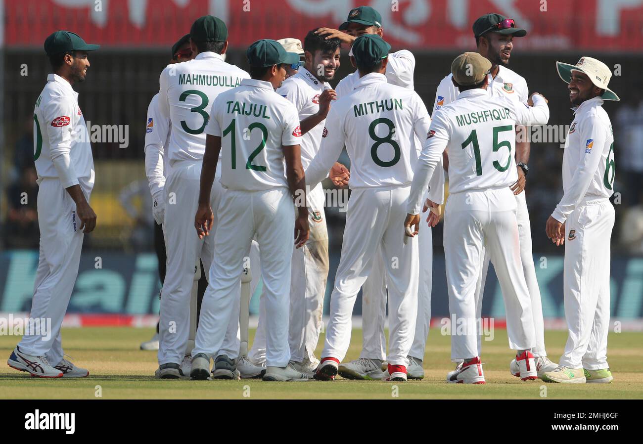Bangladesh's Abu Jayed, center without cap, celebrates the dismissal of ...