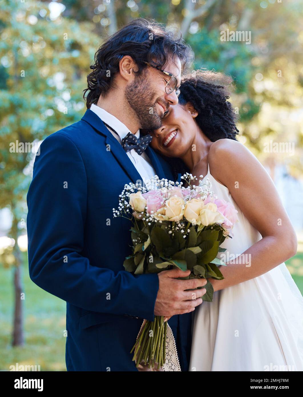 Wedding hug, couple and bride marriage bouquet outdoor in a garden ...