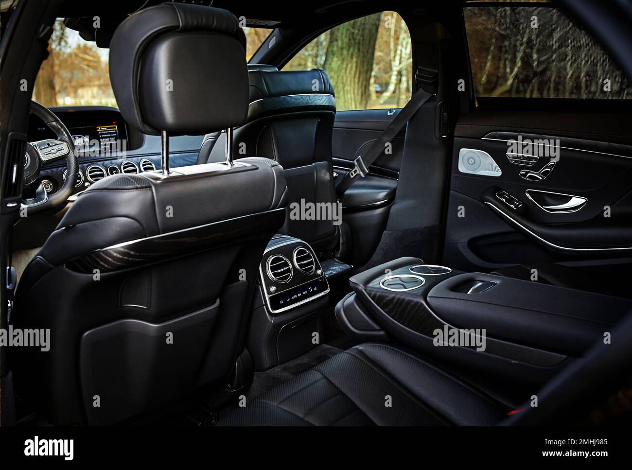 Modern car black leather interior background, inside luxury city car ...