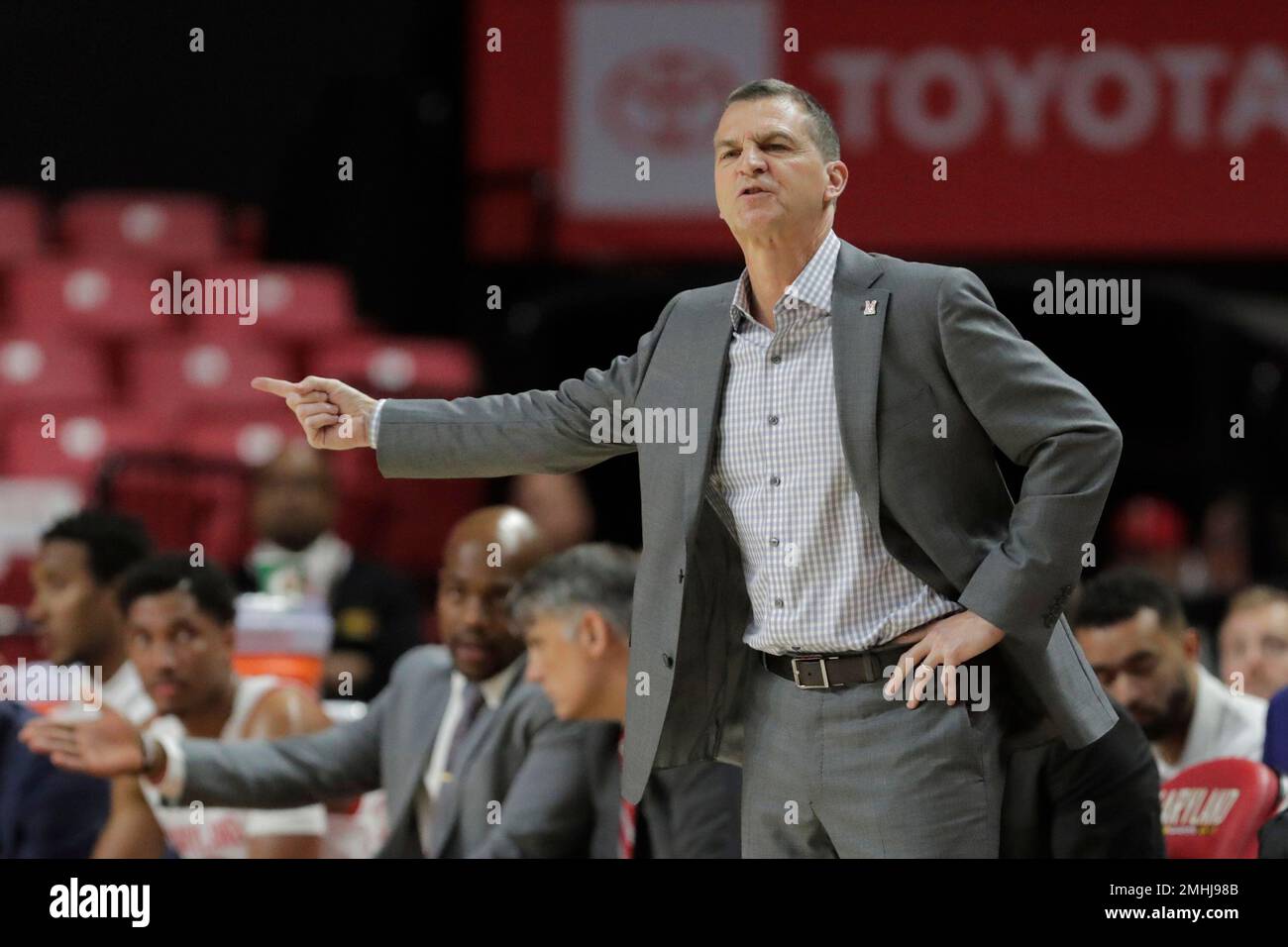 Maryland head coach Mark Turgeon talks to his team during the second ...