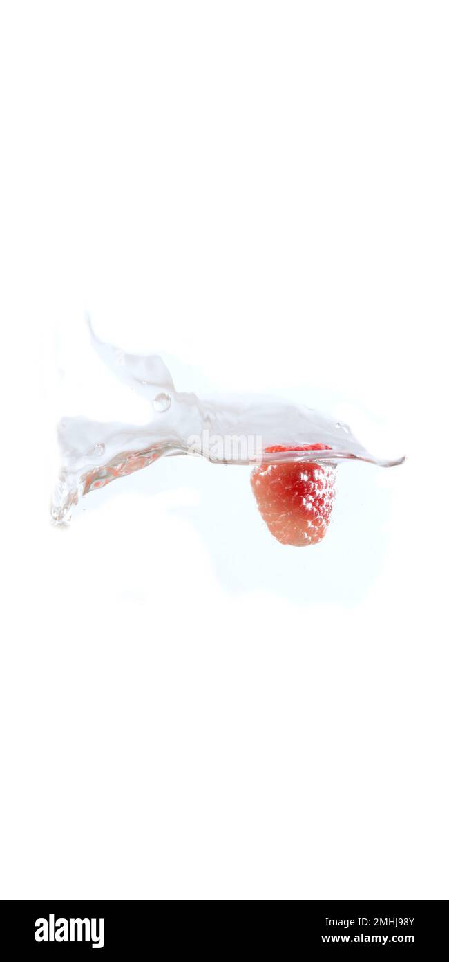 Raspberry falls deeply under water with a big splash Stock Photo - Alamy