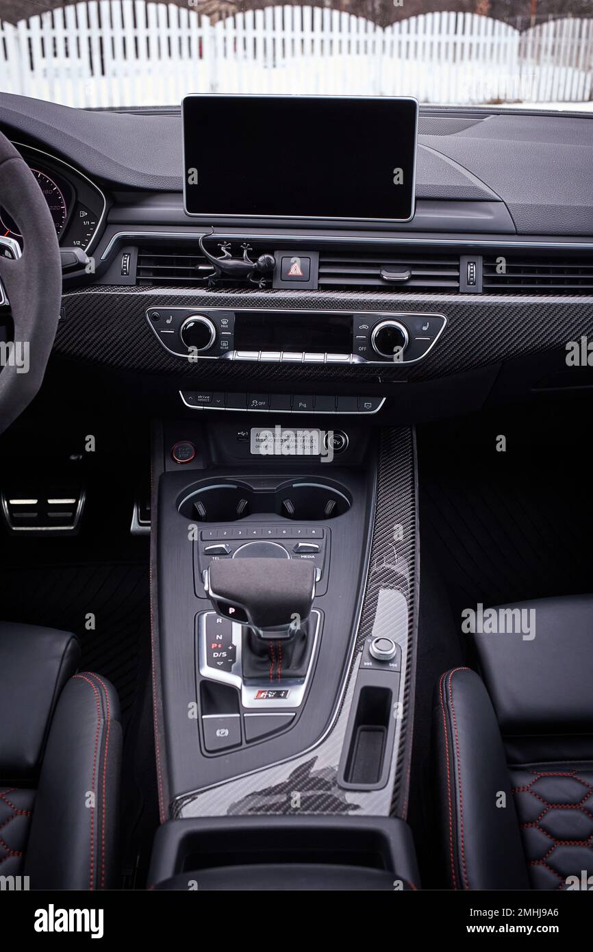 Modern car black leather interior background, inside luxury city car ...