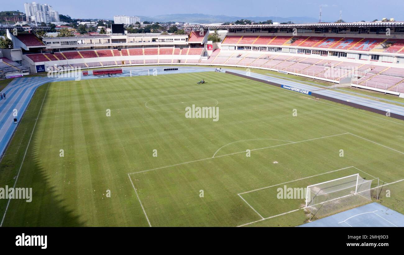 A groundskeeper works on the Rommel Fernandez stadium pitch in Panama ...