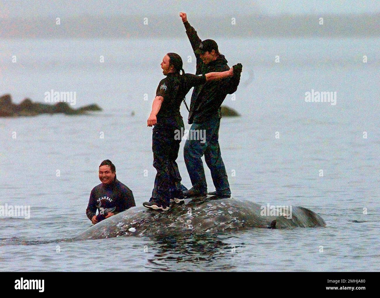 FILE - In this May 17, 1999, file photo, two Makah Indian whalers stand ...