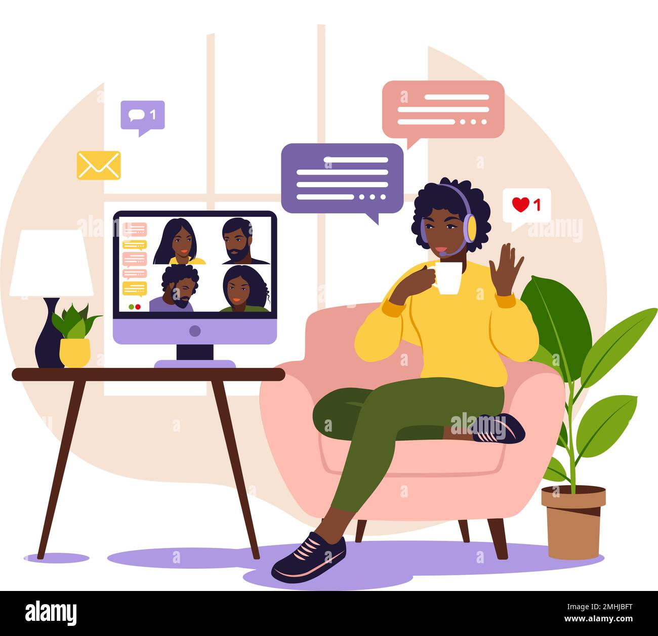 African woman using computer for collective virtual meeting and group ...