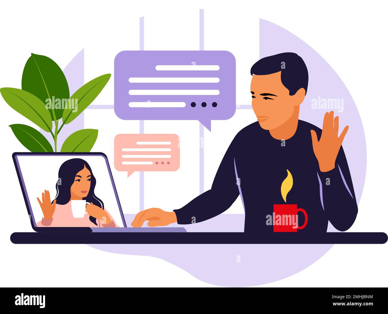 Man using computer video conference. Man at desktop chatting with ...