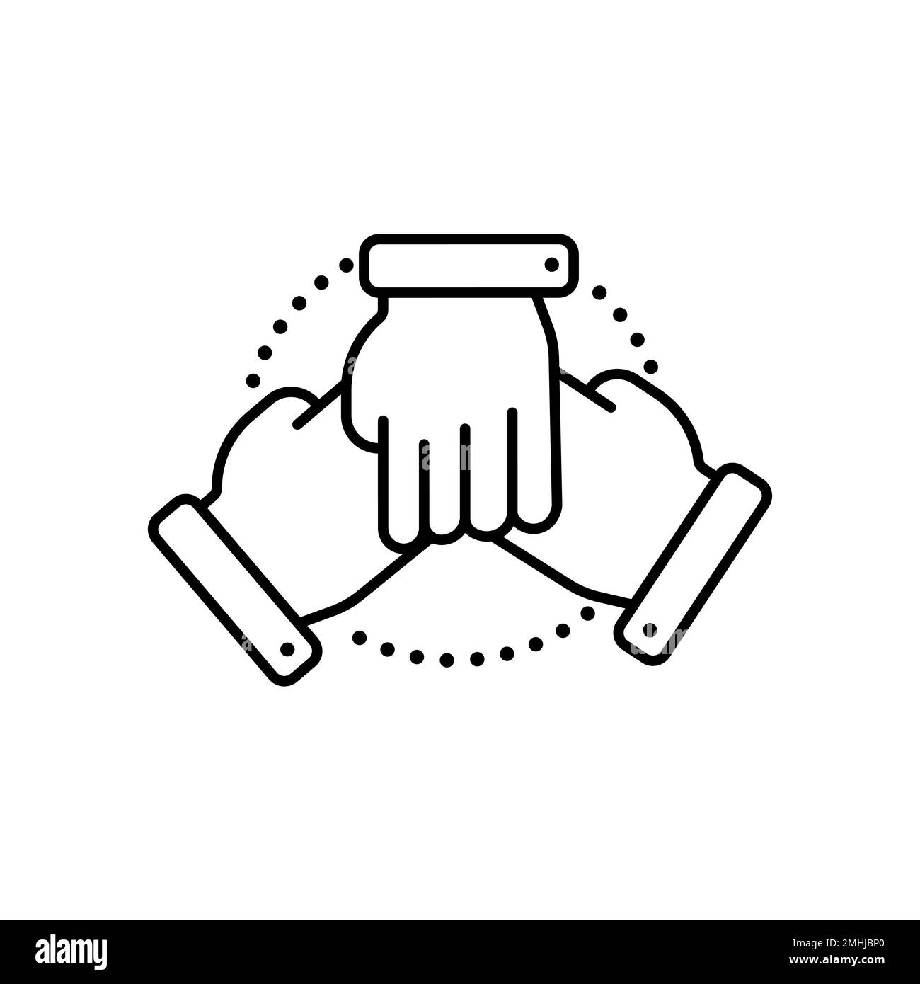 Team work icon. 3 hands hold on each other isolated on white background ...