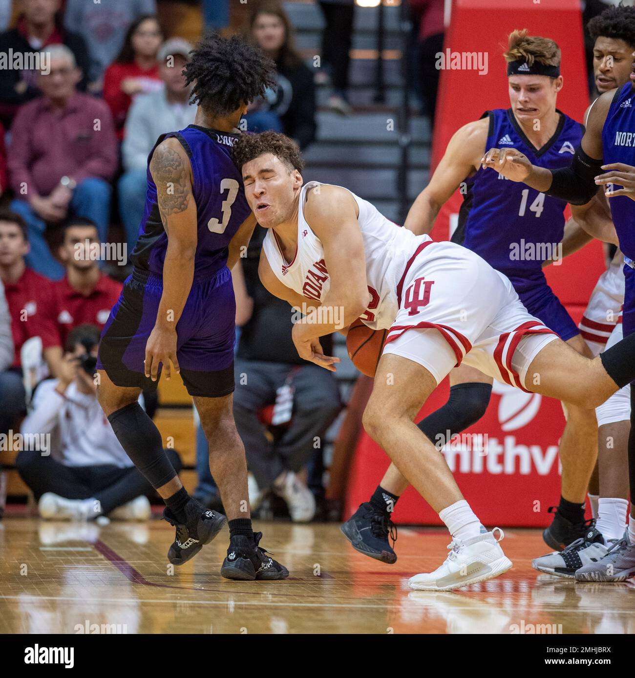Indiana's Race Thompson (25) collides into the back of North Alabama's ...