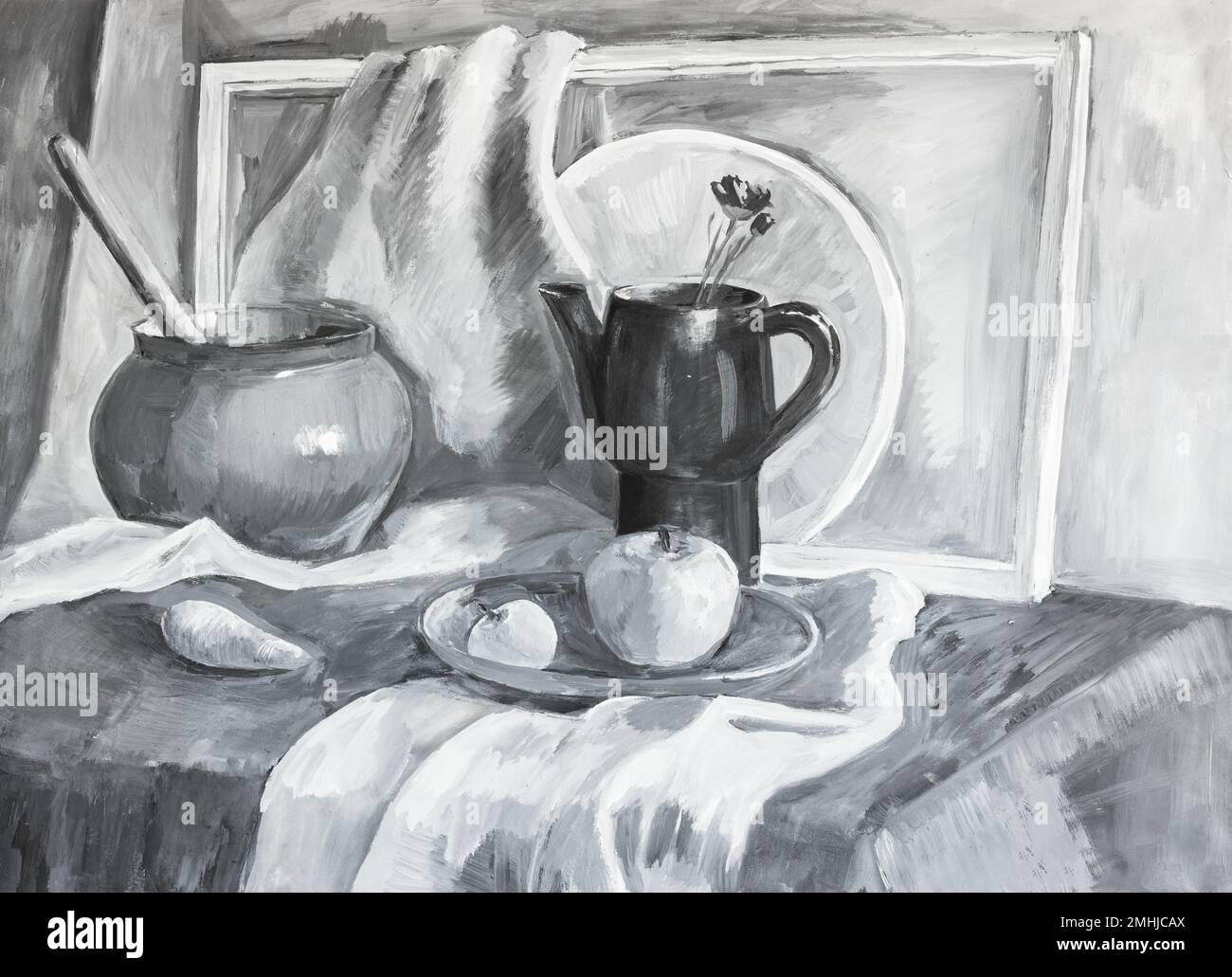 monochrome still life with pot, old kettle and fruits and picture frame ...