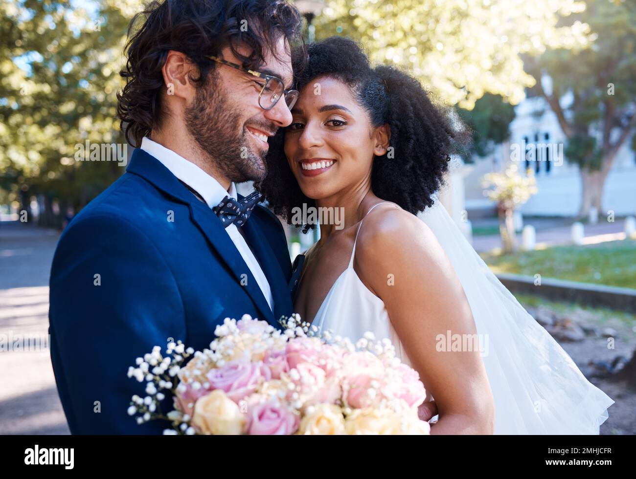 Wedding, couple portrait and happy at marriage celebration event for ...