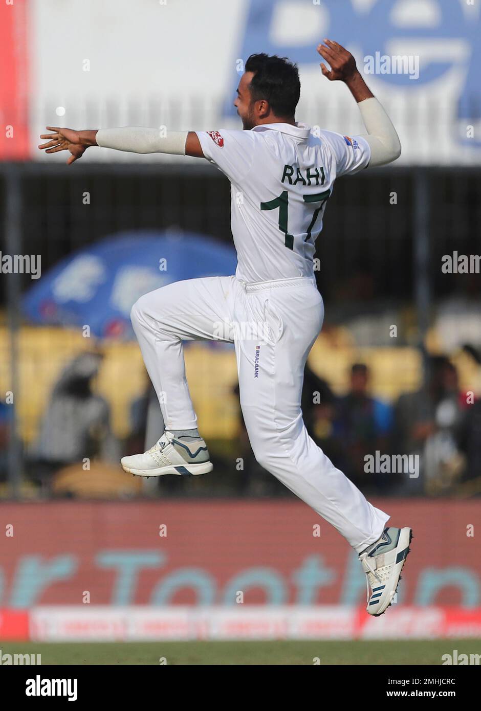 Bangladesh's Abu Jayed celebrates the dismissal of India's Rohit Sharma ...