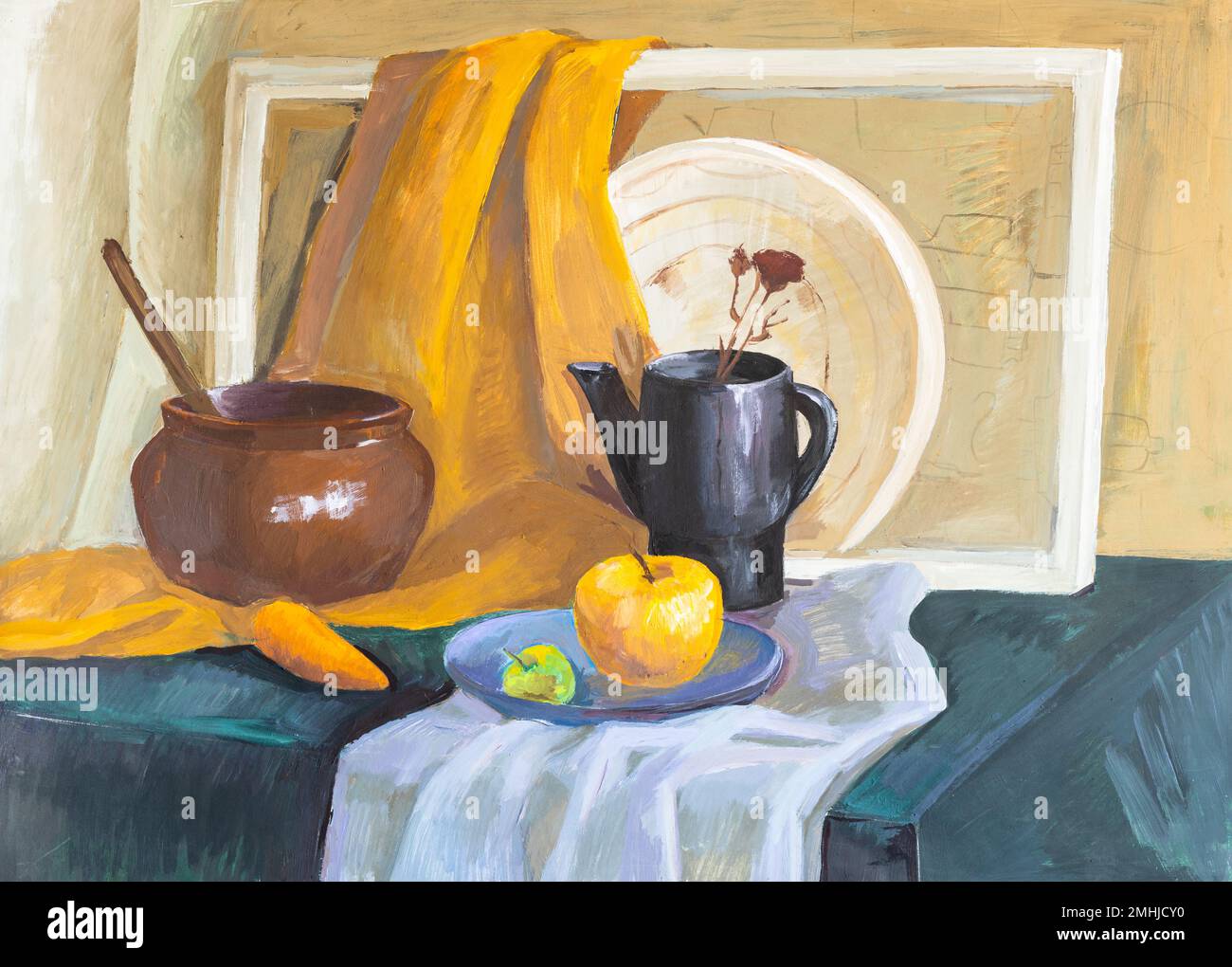 still life with pot, kettle, carrot, apples and picture frame hand ...