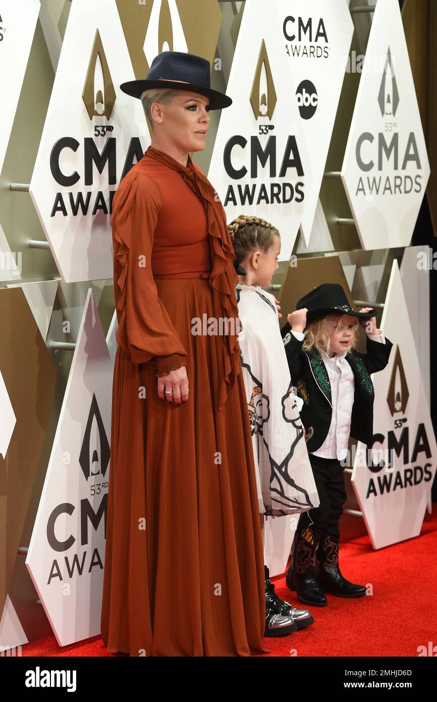 Pink, from left, Willow Sage Hart and Jameson Moon Hart arrive at the ...