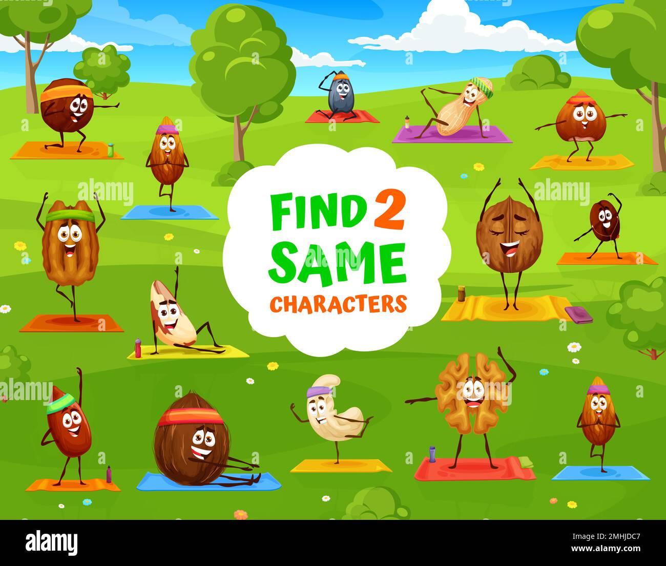 Find two same cartoon nuts on yoga fitness, vector quiz game worksheet ...