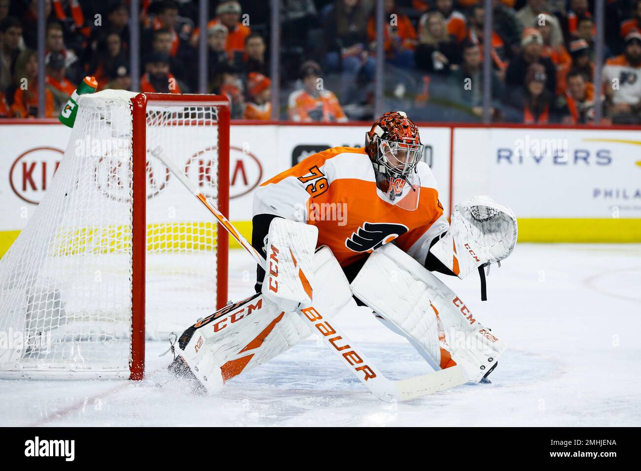 Philadelphia Flyers' Carter Hart plays during an NHL hockey game ...