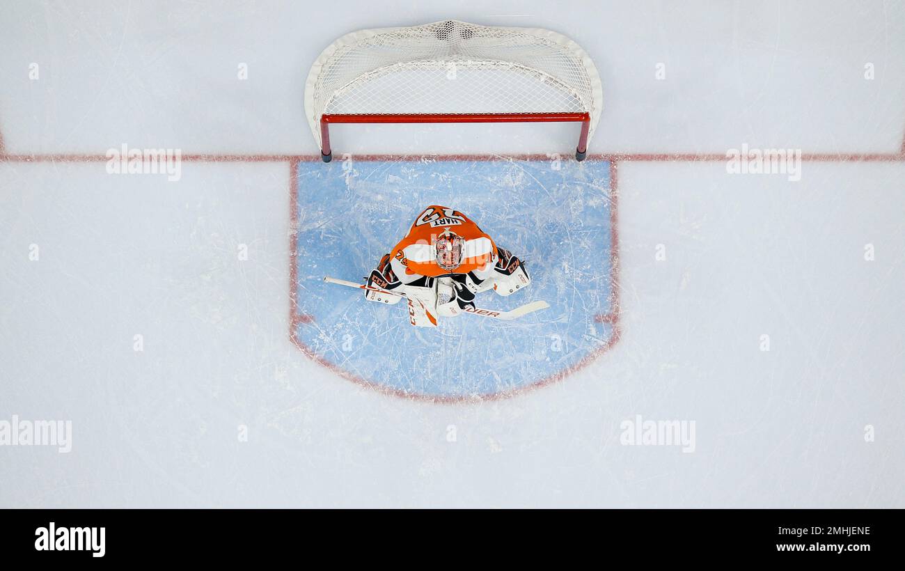 Philadelphia Flyers' Carter Hart plays during an NHL hockey game ...