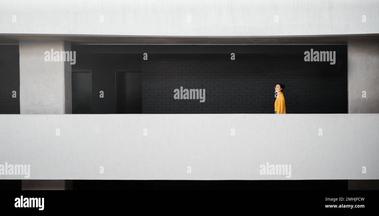 Thinking, inspiration and woman in a work building for a goal ...