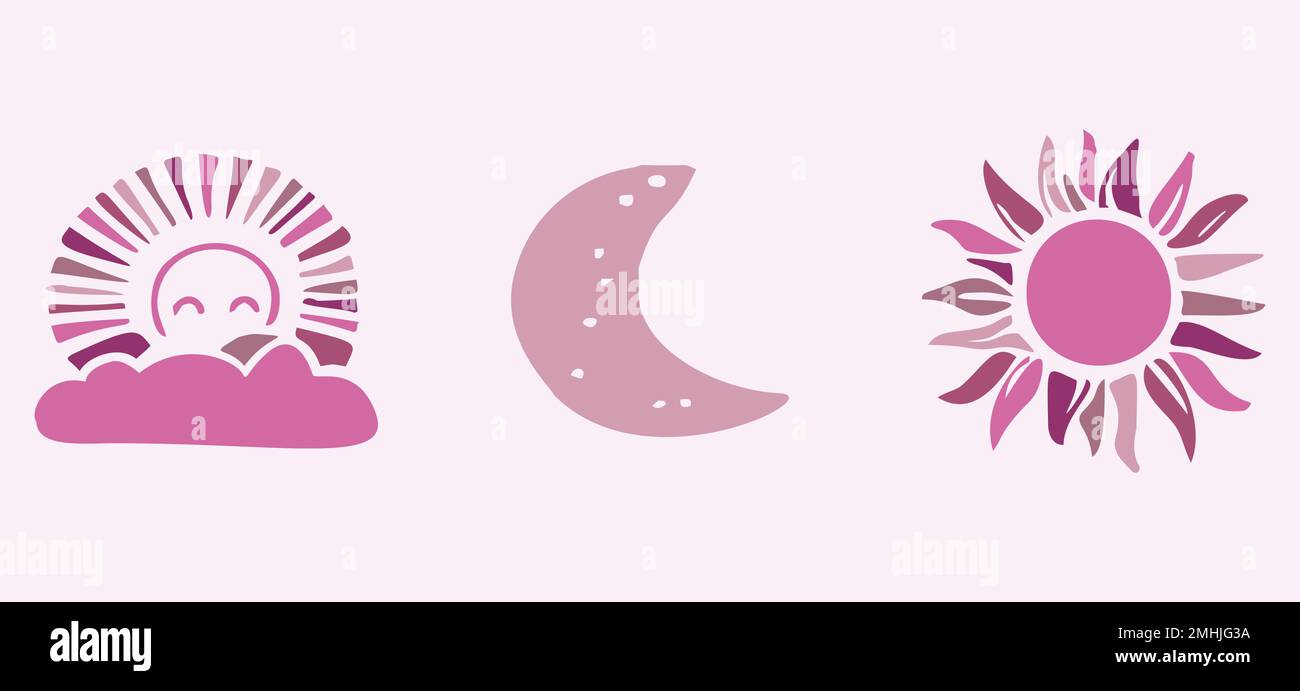 Cute whimsical sun and moon set of vector motifs. Illustration of night ...