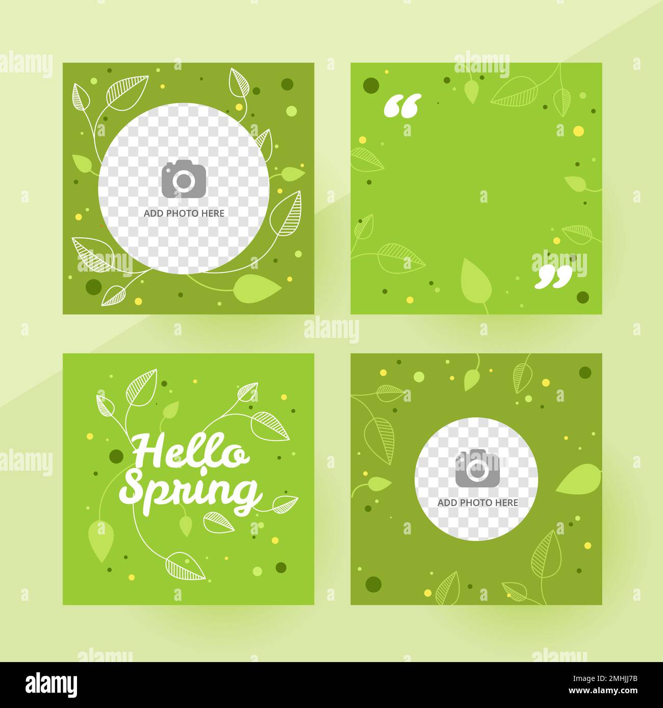 Hello spring social media post template with green leaves pattern ...