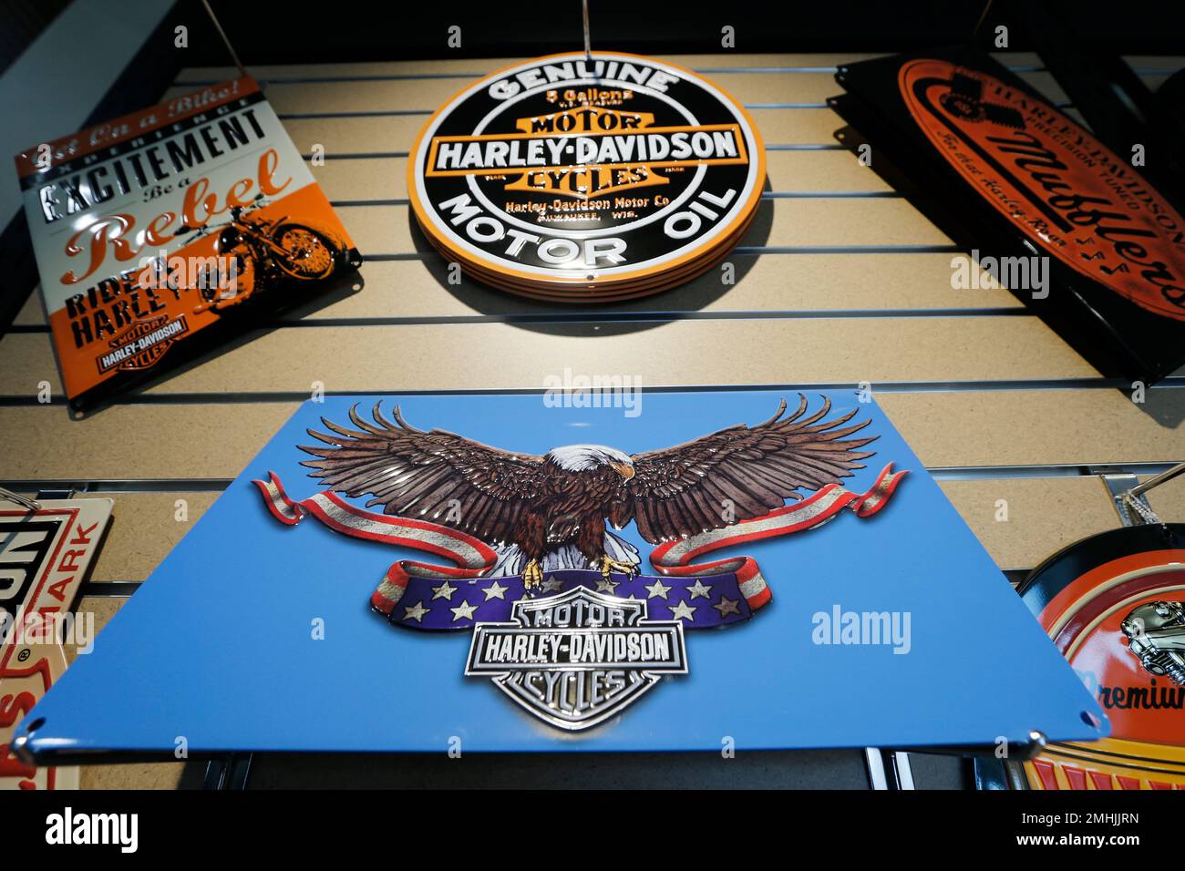 Harley Davidson signs are on display at a dealership in Ashland, Va ...