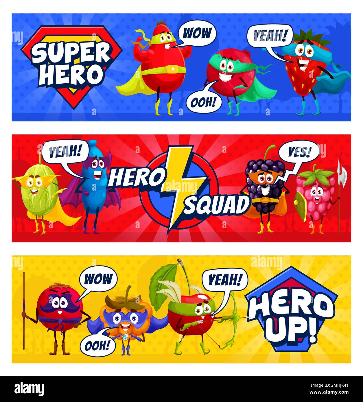 Cartoon superhero berry characters and hero squad. Vector banners with ...