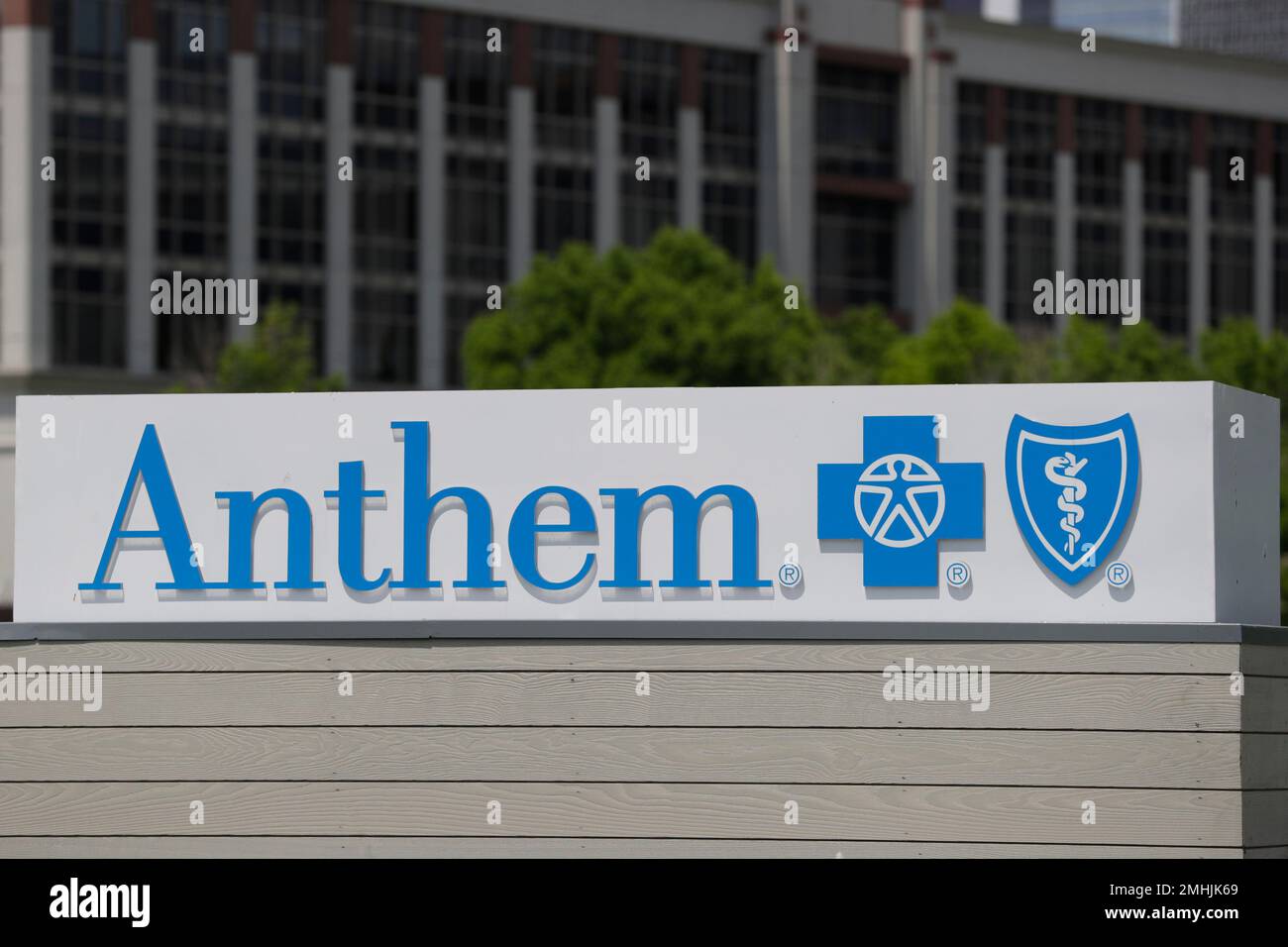 Signage on the outside of the corporate headquarters building of health ...