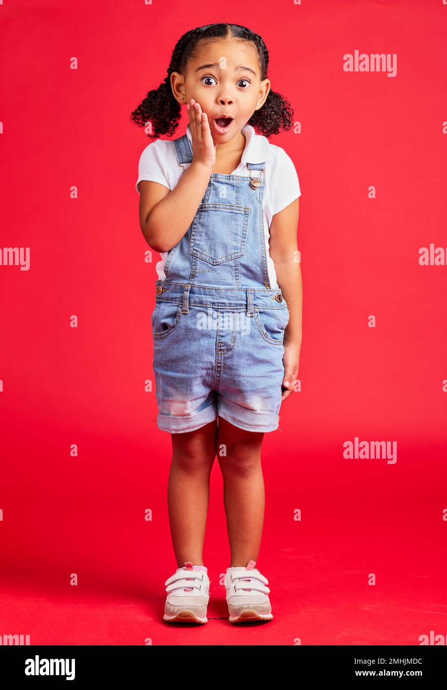 Surprise, wow face and portrait of girl on red background for with omg ...