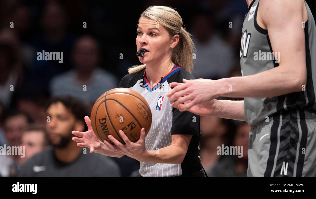 Referee Jenna Schroeder officiates during the first half of an NBA ...