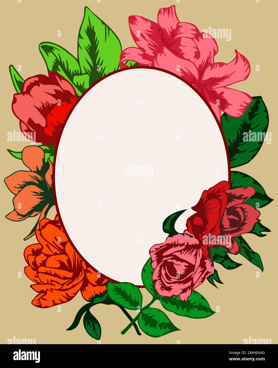 Greeting card with oval frame text box and beautiful blooming garden ...