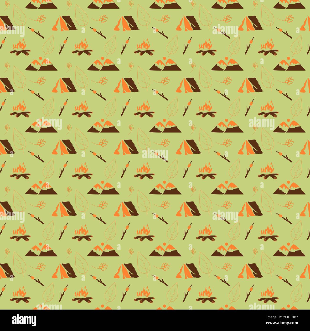 Seamless pattern with summer camping attributes on a green background ...