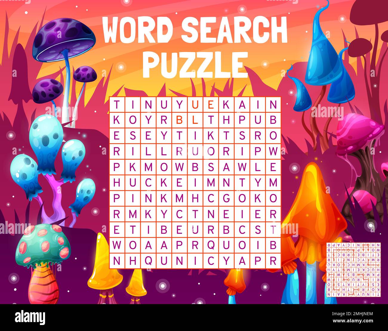 Magic alien mushrooms, word search puzzle game worksheet, vector quiz ...
