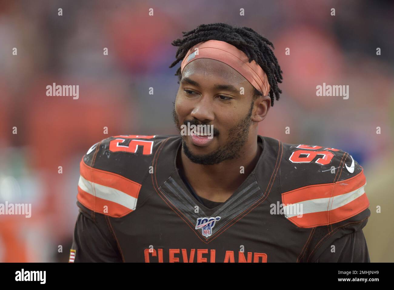 Cleveland Browns defensive end Myles Garrett reacts during an NFL ...