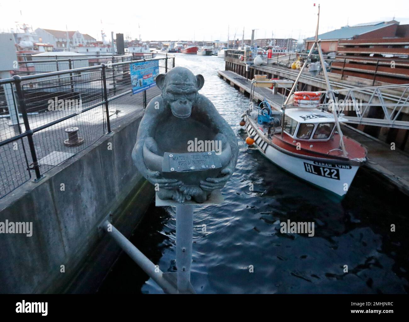 A wishing well, sculpted as a monkey at the Marina in Hartlepool ...