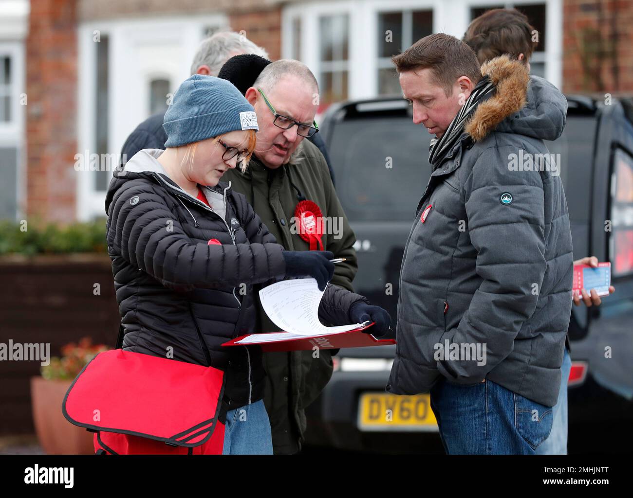 The Labour campaign team plan their tour in Hartlepool, England, Monday ...