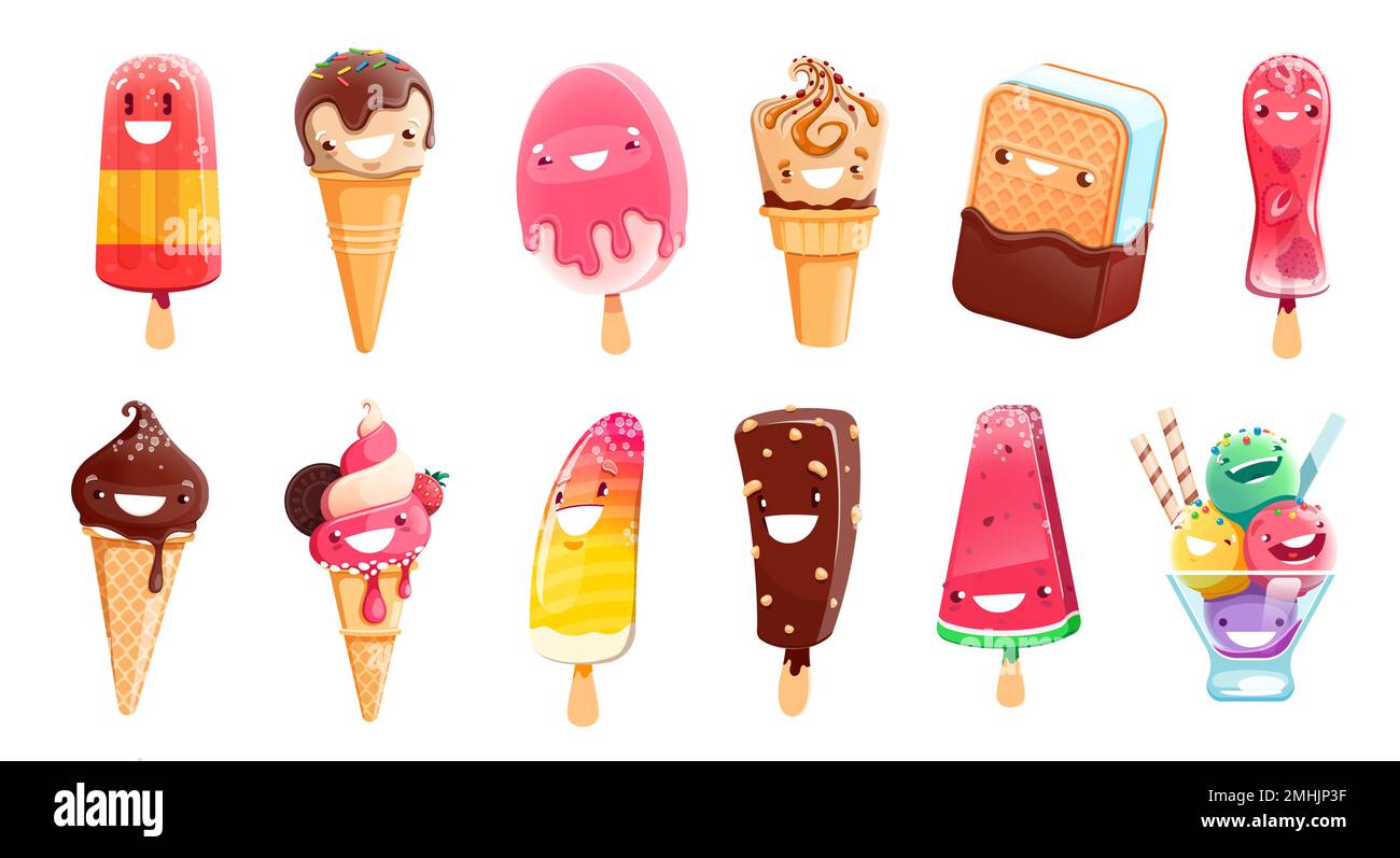Cartoon ice cream dessert characters. Isolated vector fruit ice, waffle ...