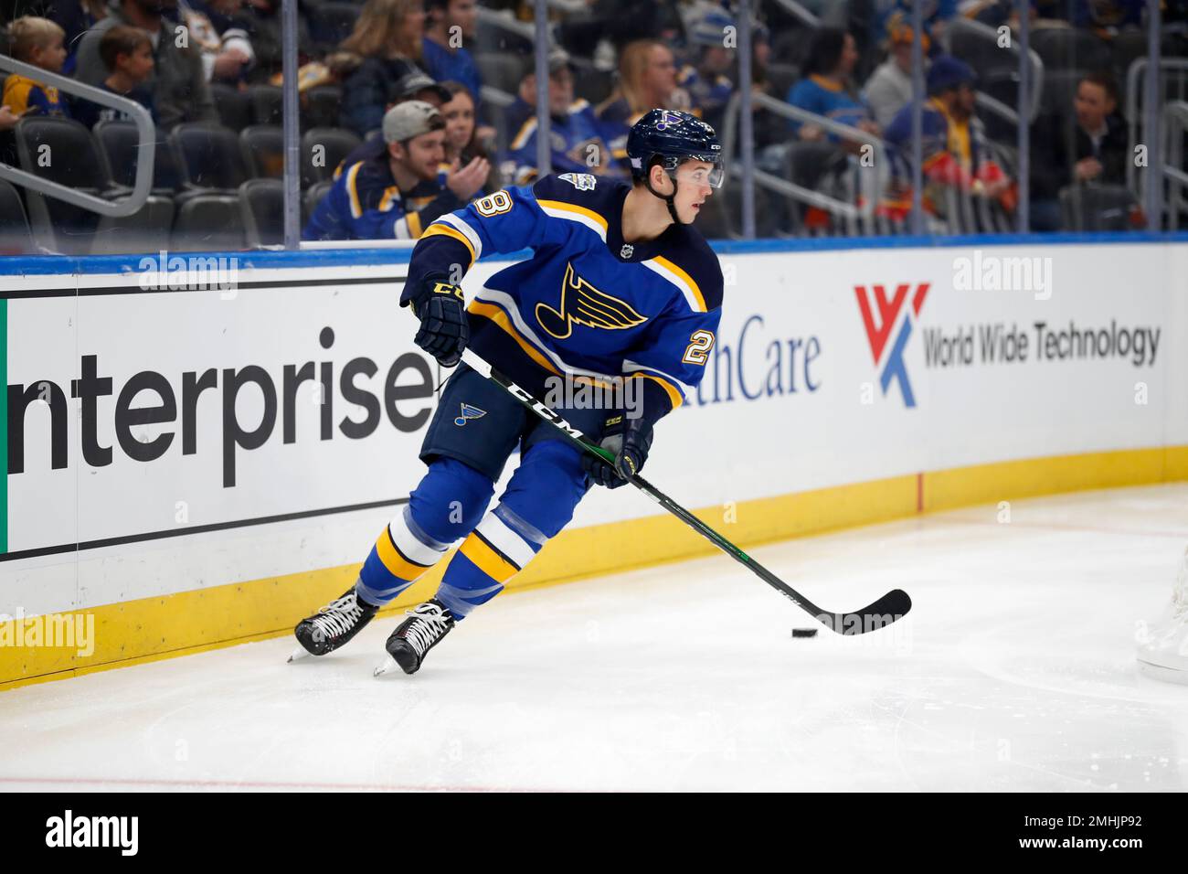 St. Louis Blues' Mackenzie MacEachern handles the puck during the first ...