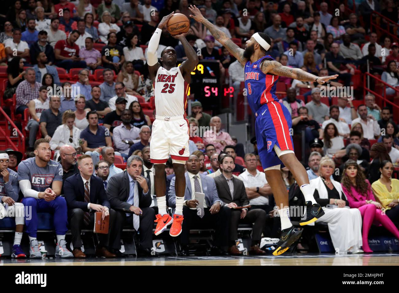 Miami Heat guard Kendrick Nunn (25) shoots as Detroit Pistons forward ...